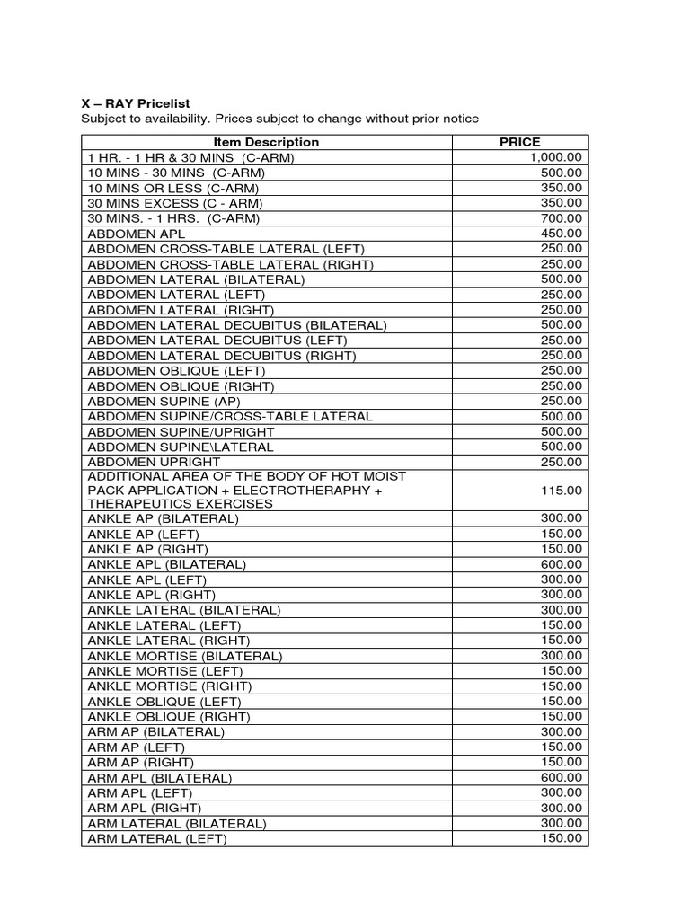 Xray Pricelist | PDF | Hand | Skeletal System
