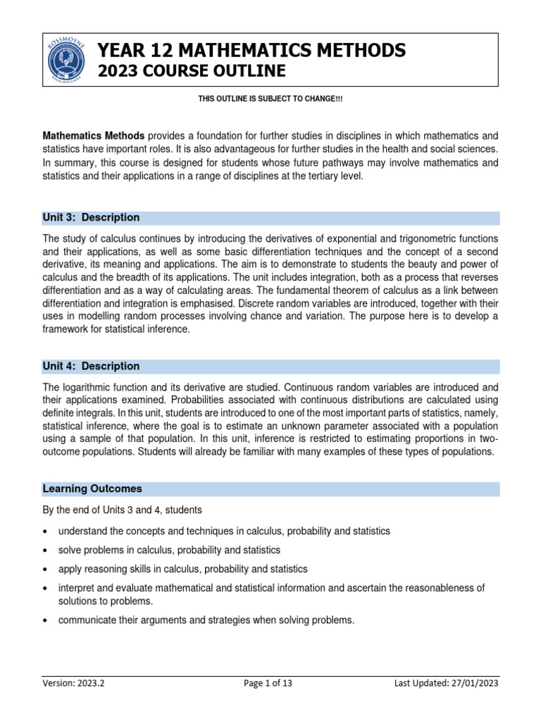 Year 12 Mathematics Methods Outline | PDF | Normal Distribution ...
