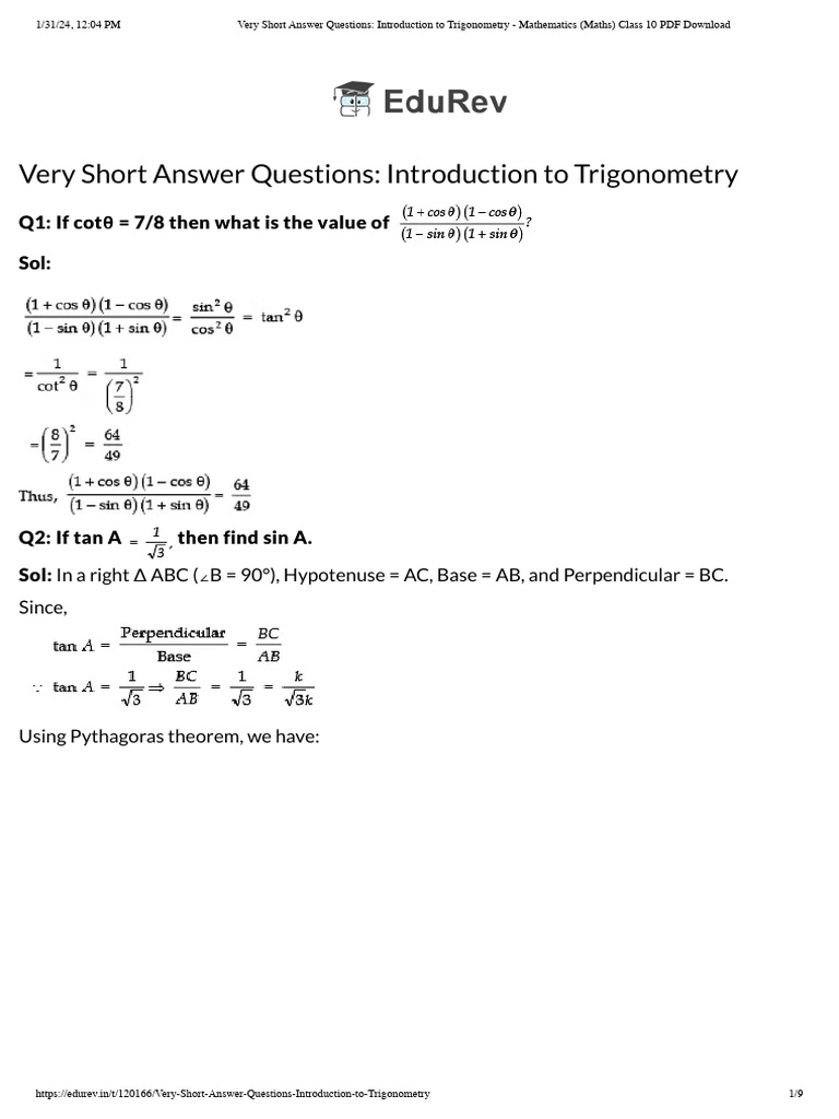Very Short Answer Questions_ Introduction to Trigonometry - Mathematics ...