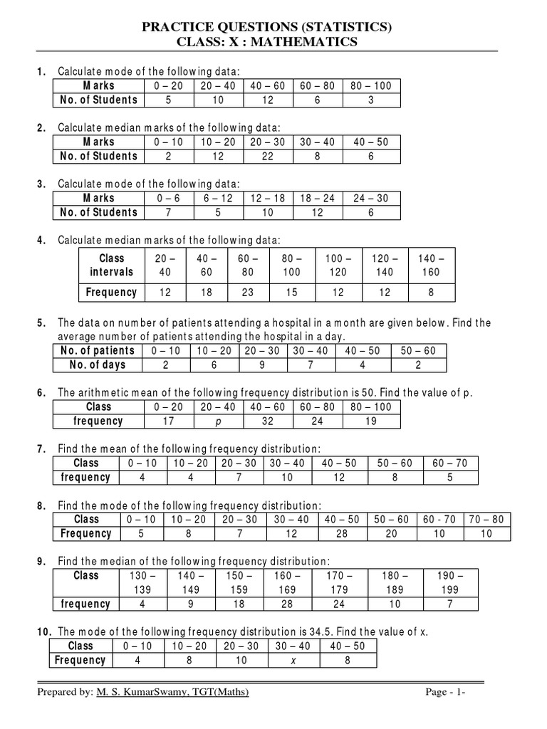 Practice Questions Statistics Class X Set 02 | PDF | Arithmetic Mean | Mode (Statistics)