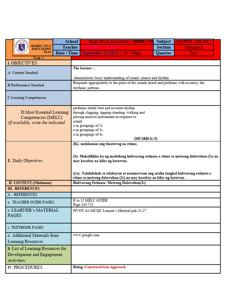 DLP Mapeh Week 5 F... | PDF | Constructivism (Philosophy Of Education) | Rhythm