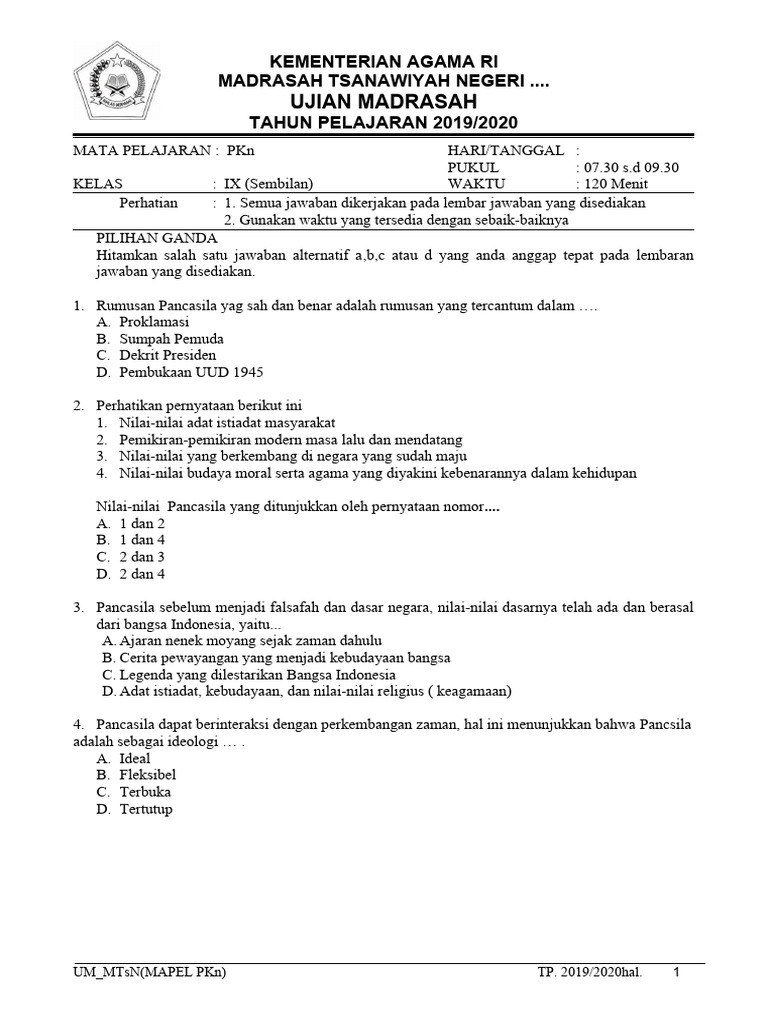 NASKAH SOAL PKN UM TP. 2019-2020 | PDF