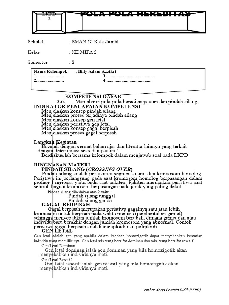 LKPD 2. Pola-Pola Hereditas 2 | PDF | Seni & Disiplin Bahasa