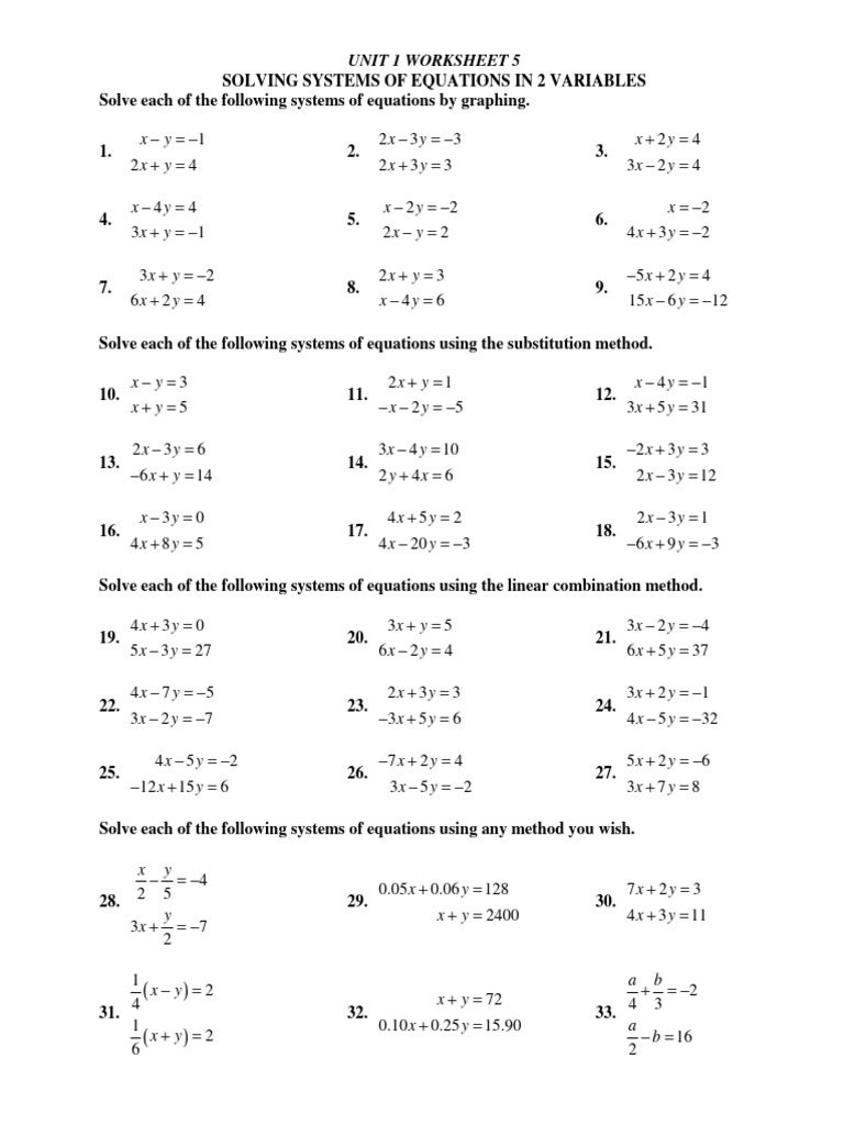 Unit 1 Worksheet 5 Systems of Equations 2 Variable 231028 210357 | PDF ...