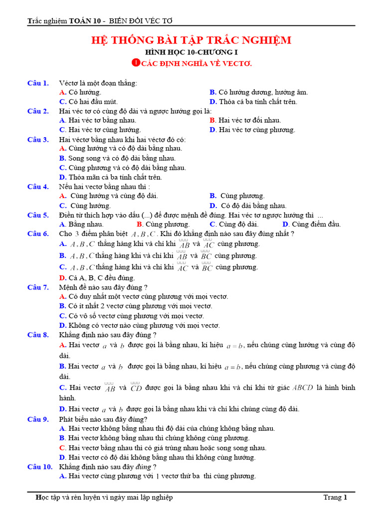 Bai Tap Trac Nghiem Hinh Hoc 10 Chuong 1 | PDF