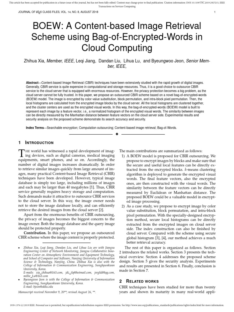 Boew A Content Based Image Retrieval Scheme Using Bag Of Encrypted Words In Cloud Computing
