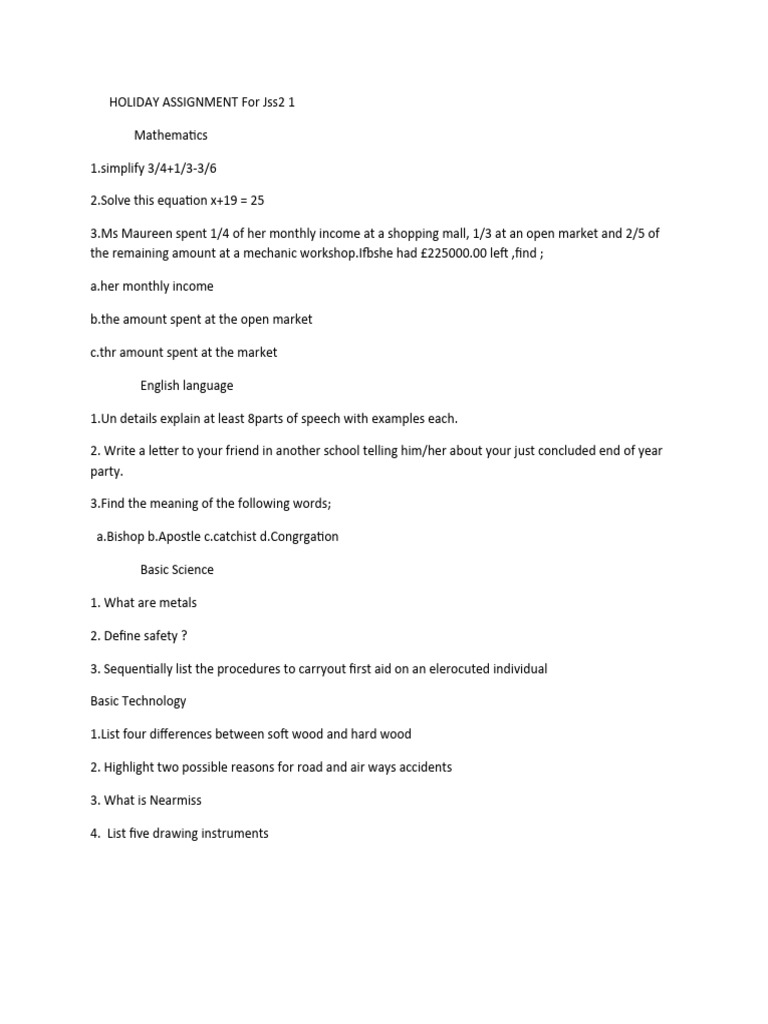 JSS2 Holiday Assignment Overview | PDF