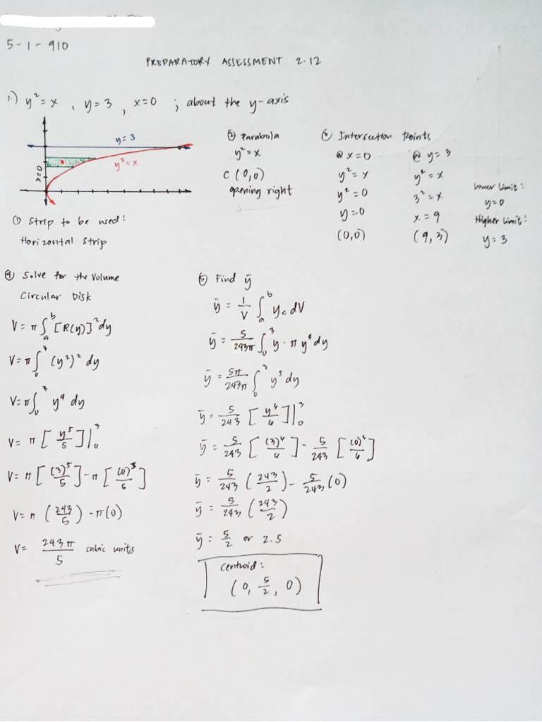 Integral Calculus Practice Quiz Centroid Of Solid Of Revolution Ateneo De Davao University Pdf