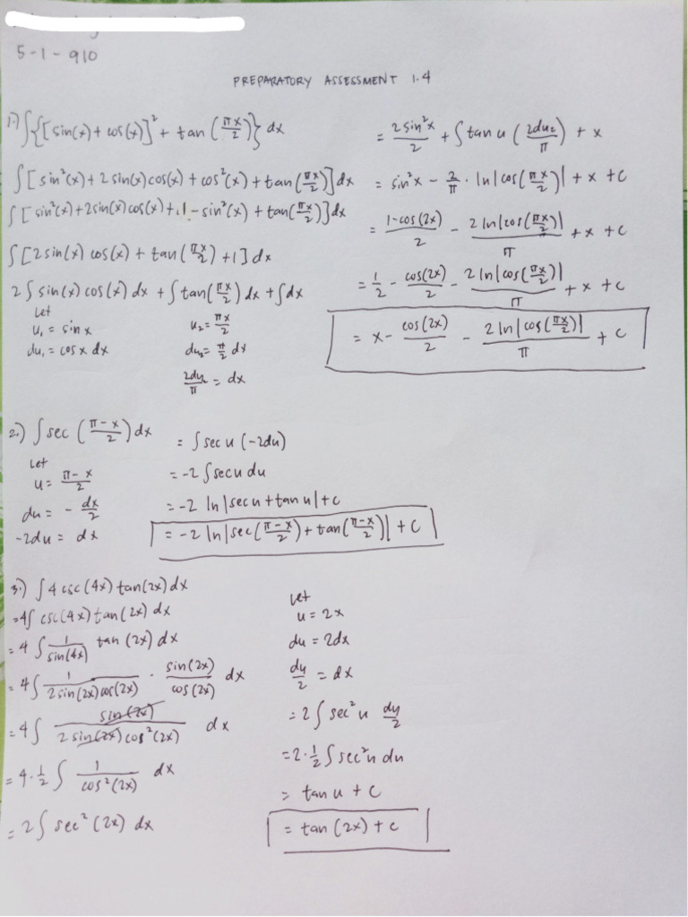 Integral Calculus Practice Quiz Integrals Of Trigonometric Functions Ateneo De Davao