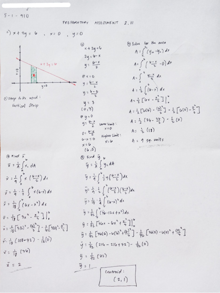 Integral Calculus Practice Quiz Centroid Of Plane Area Ateneo De Davao University Pdf
