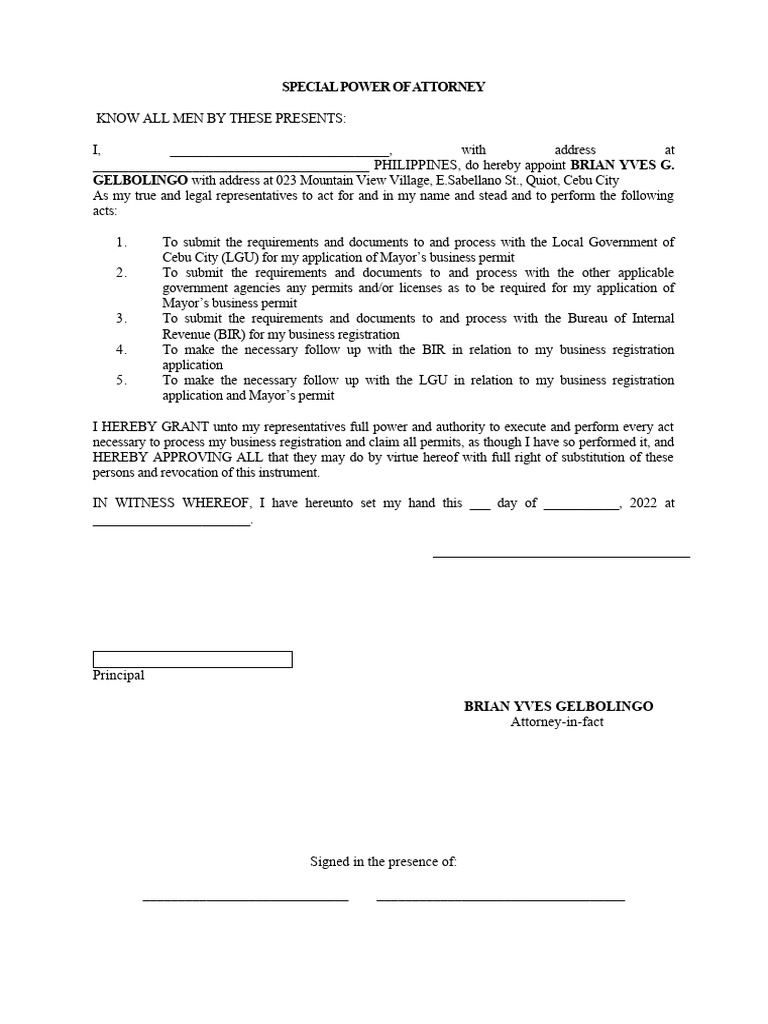 Special Power of Attorneys Template - Business Permit&BIR | PDF