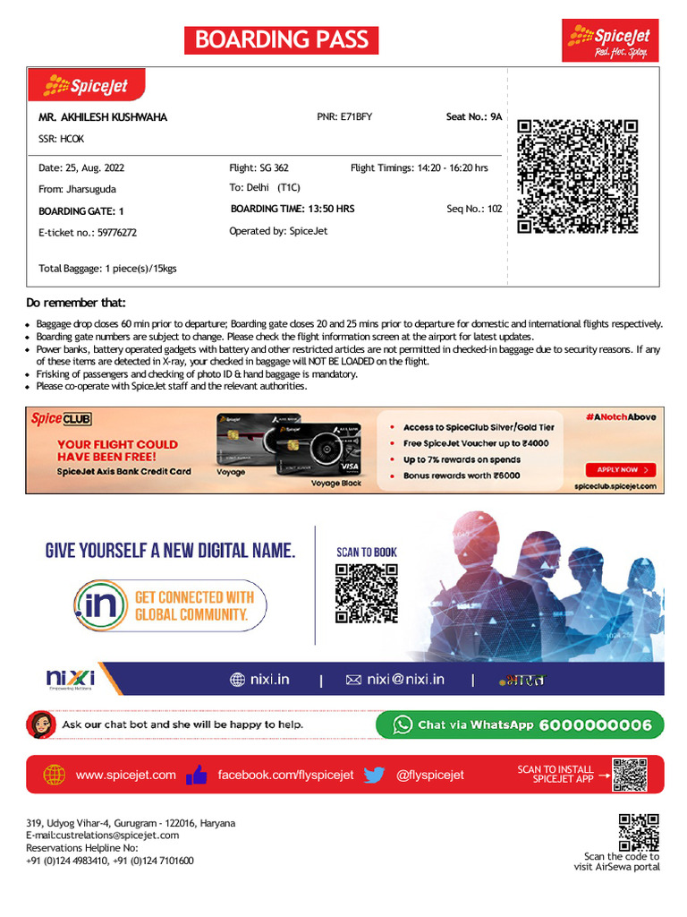 SpiceJet Flight SG 362 Boarding Pass | PDF