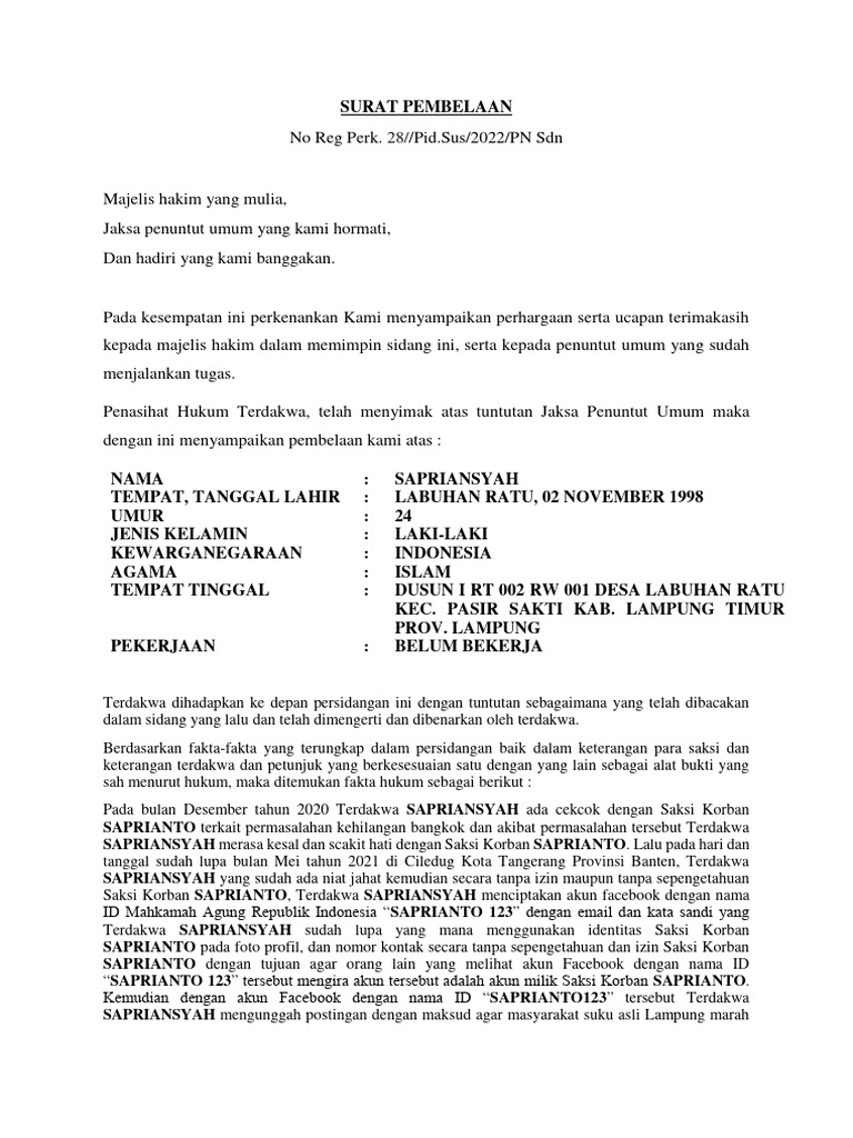 Surat Pembelaan PH Terdakwa (Kasus Ite) | PDF | Hukum