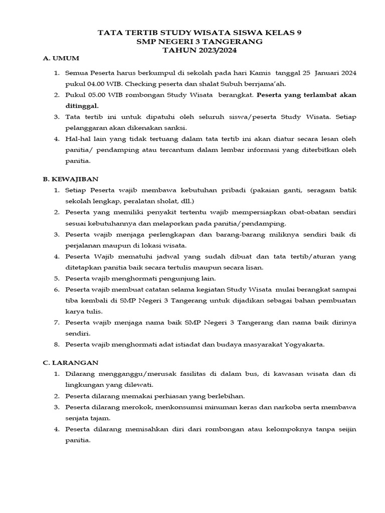 Tata Tertib Dan Rundown Study Wisata Yogyakarta 2024 | PDF