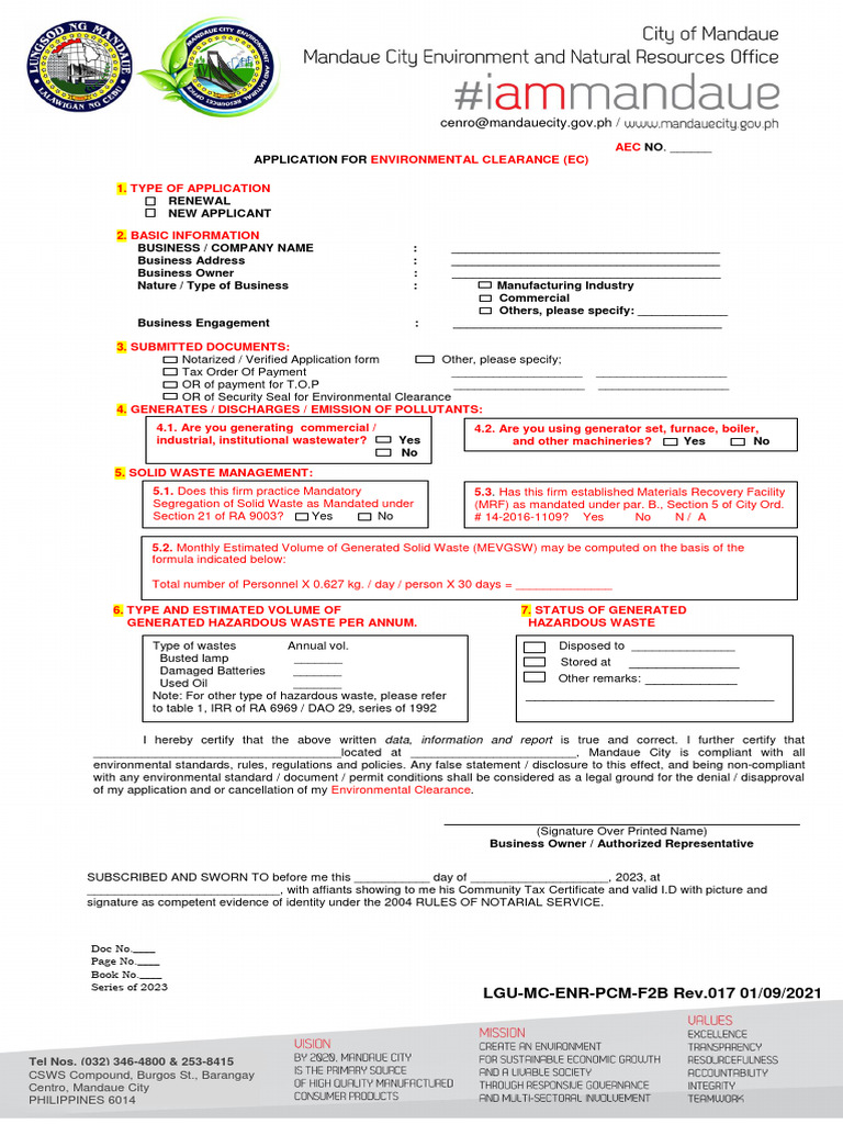 2023 Environmental Clearance Application Form | PDF
