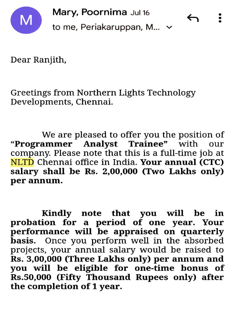 Ranjith-Offer Letter | PDF