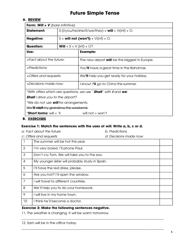 U1 - Grammar - Future Simple 2 | PDF | Language Arts & Discipline