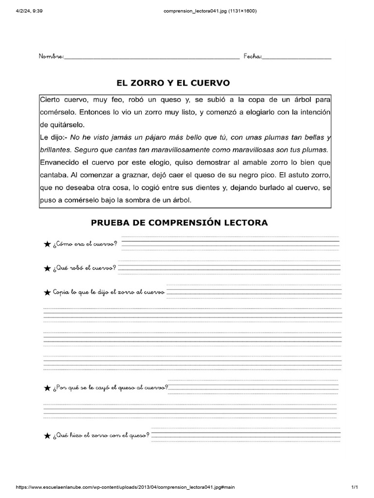 El Zorro Y El Cuervo Comprension Lectora Pdf