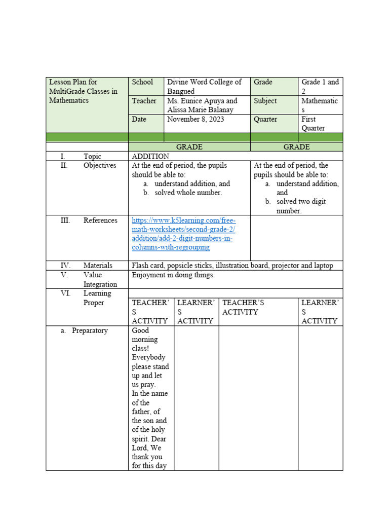 Lesson Plan For MultiGrade Classes in Mathematics | PDF