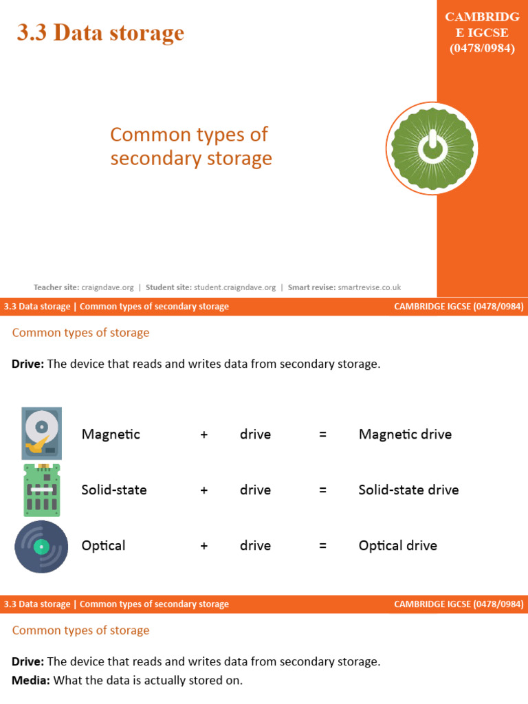 CAMBRIDGE IGCSE (0478-0984) 3.3 Common Types of Secondary Storage | PDF ...