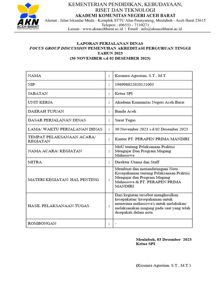 LAPORAN PERJADIN Kusmira MOU 2023 | PDF