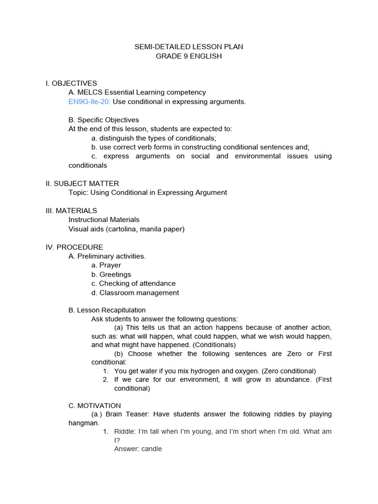 (2nd and 3rd Conditionals) SEMI-DETAILED LESSON PLAN | Download Free PDF | Verb | Language Mechanics