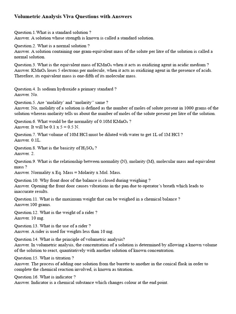 Volumetric Analysis: Key Viva Questions | PDF | Titration | Chemistry