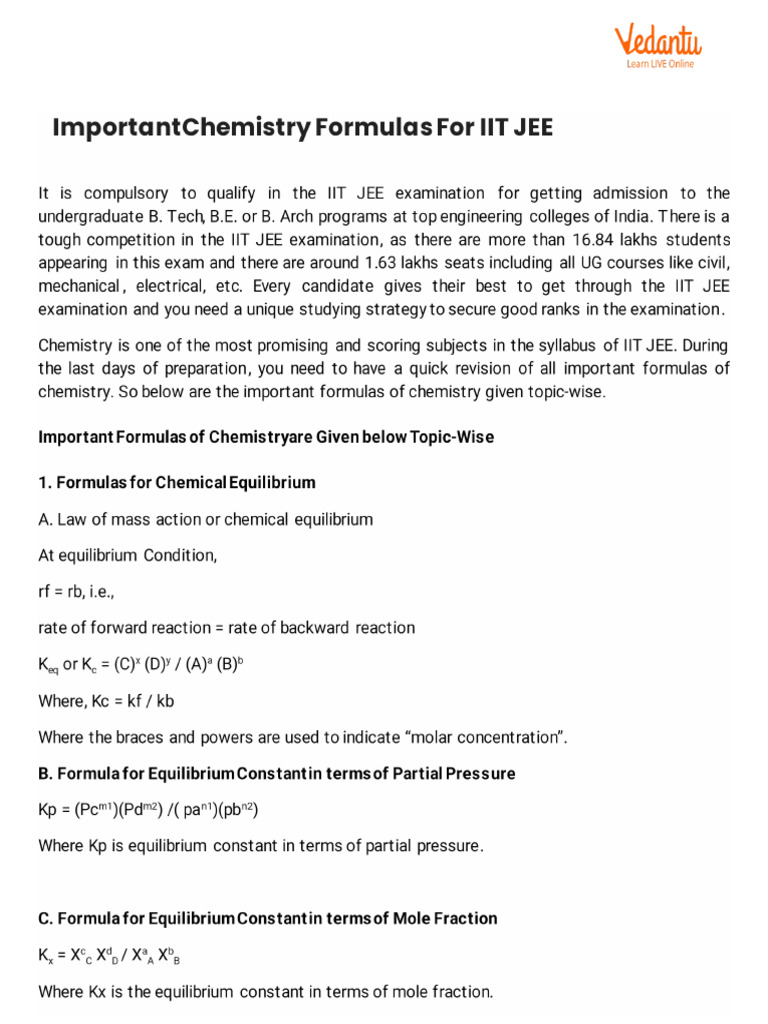 Important Chemistry Formulas For IIT JEE | PDF