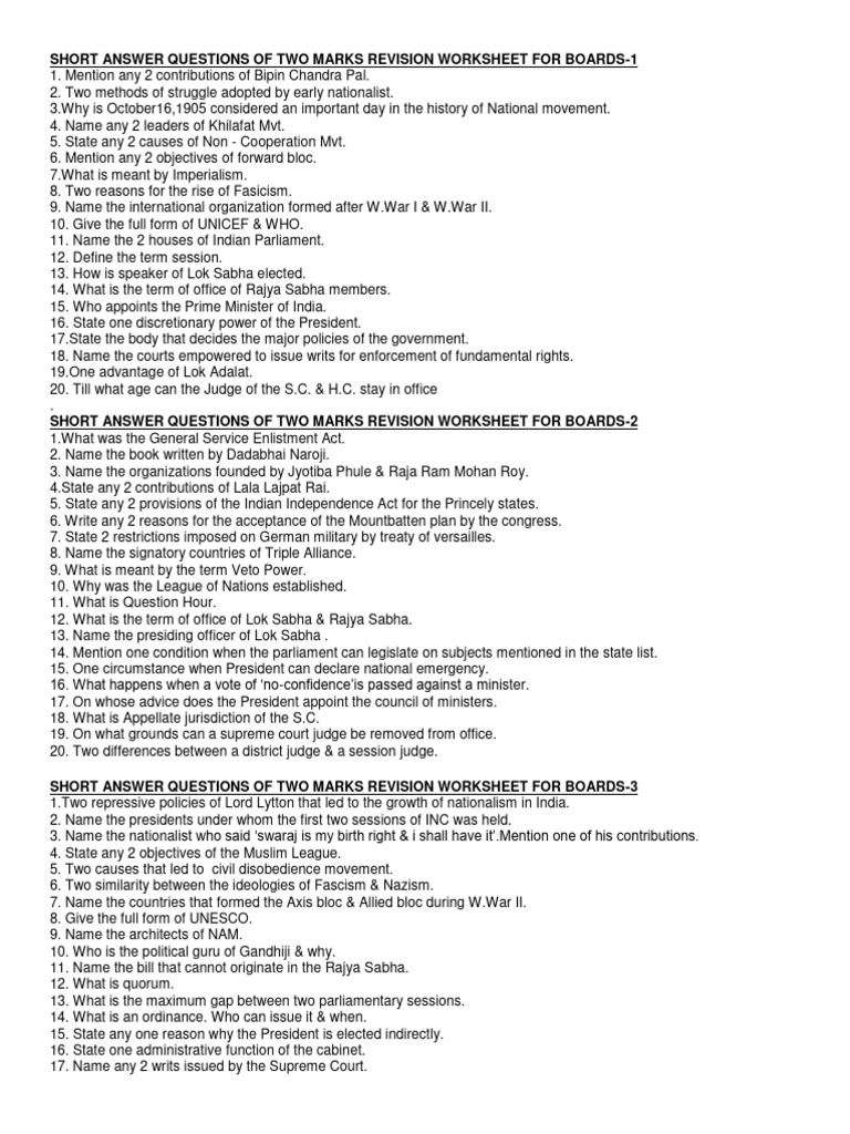 Two-Mark Question Paper for Boards | PDF | Indian National Congress ...