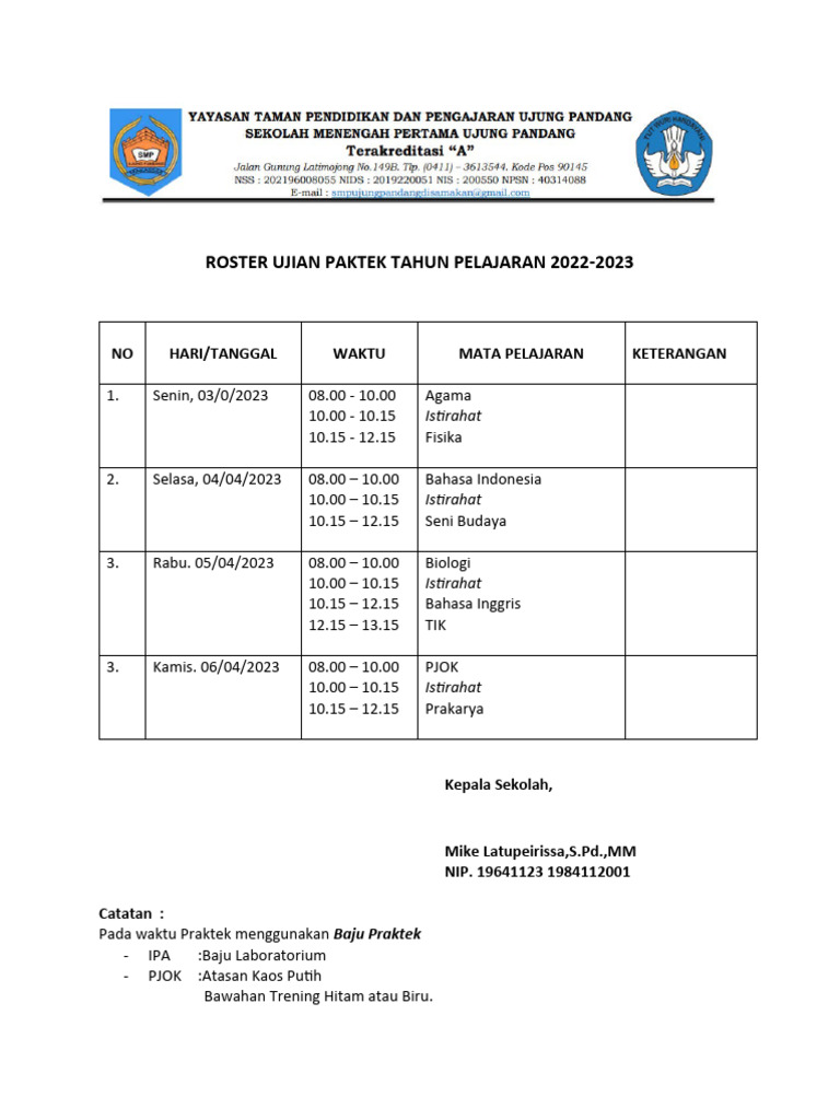 Roster Ujian Paktek Tahun Pelajaran 2022-2023 | PDF