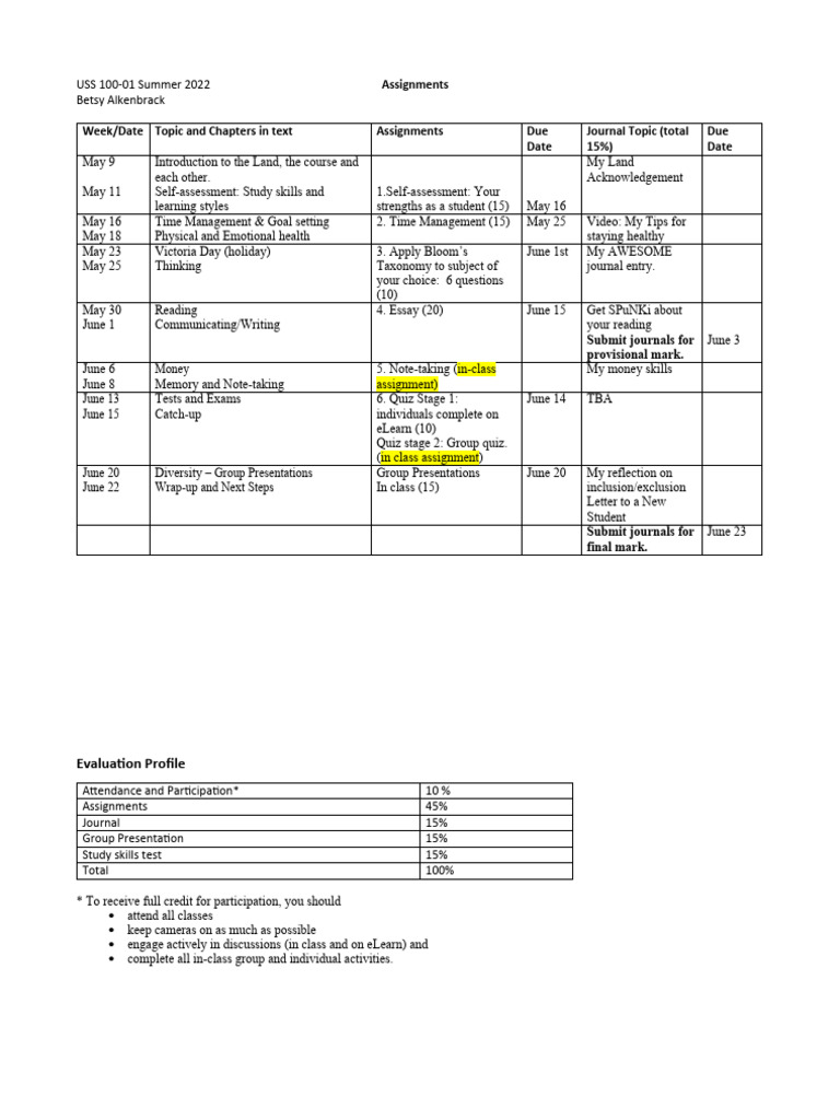 USS 100-01 Summer 2022 Course Outline | PDF | Study Skills | Human ...