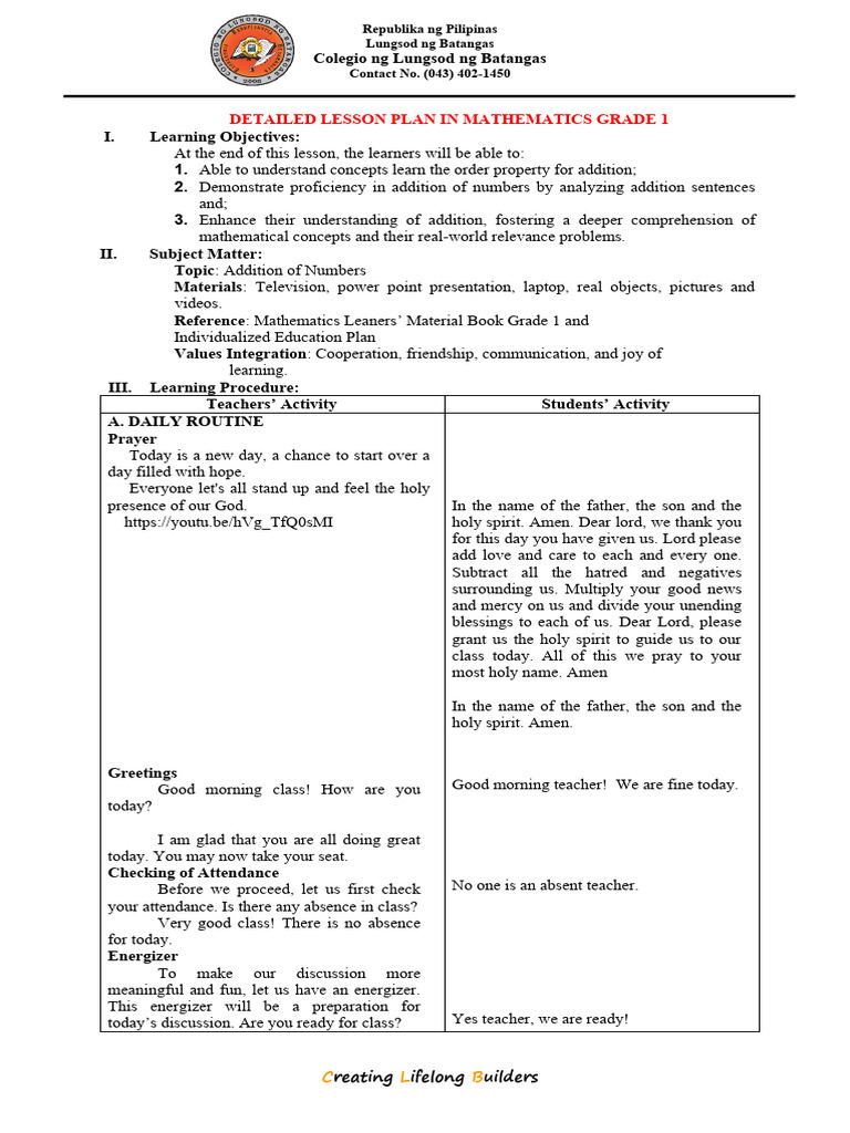Grade 1 Mathematics Lesson Plan: Addition | PDF | Career & Growth