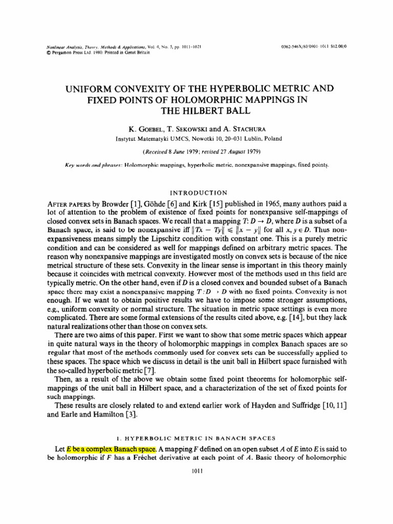1980 - Uniform Convexity of The Hyperbolic Metric and Fixed Points of Holomorphic Mappings in ...