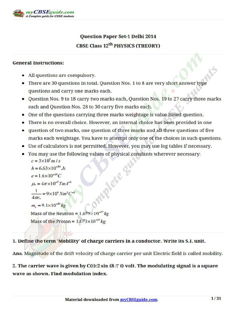 12 Physics Lyp 2014 Delhi Set 1 | PDF