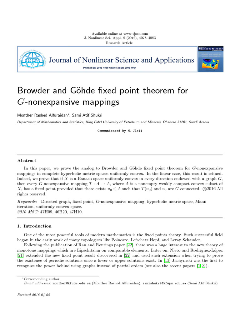 2016 - Browder and G Ohde Fixed Point Theorem For G-Nonexpansive Mappings - M. R. Alfuraidan, S ...