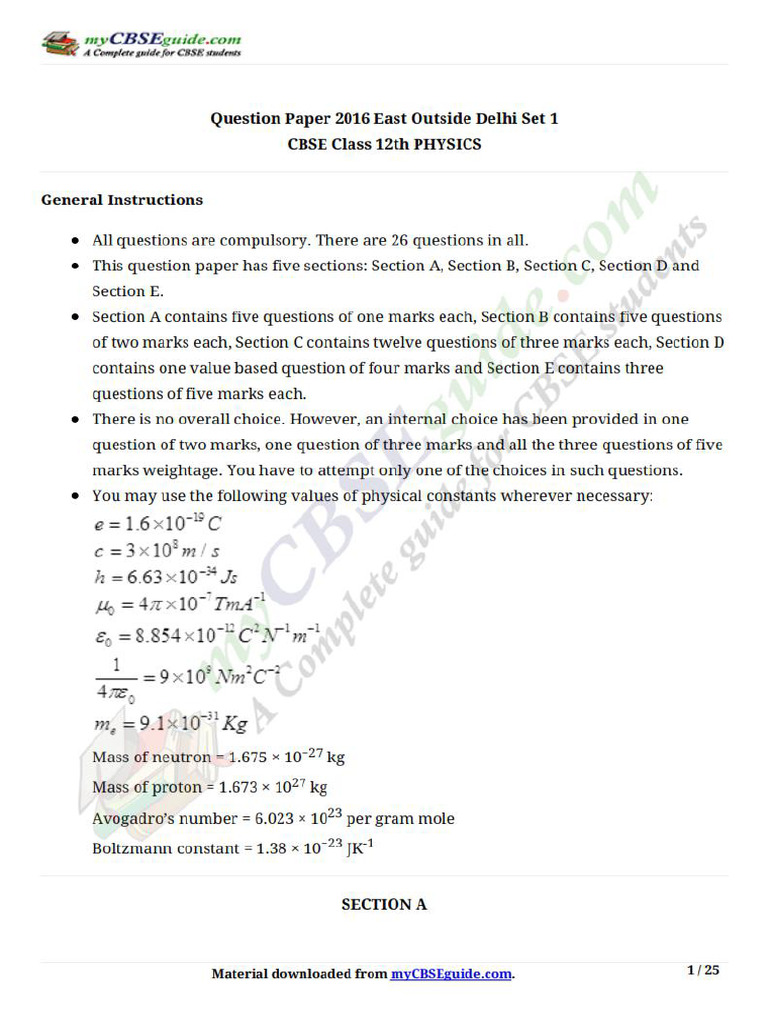 12 Physics Lyp 2016 East Outside Delhi Set1 | PDF