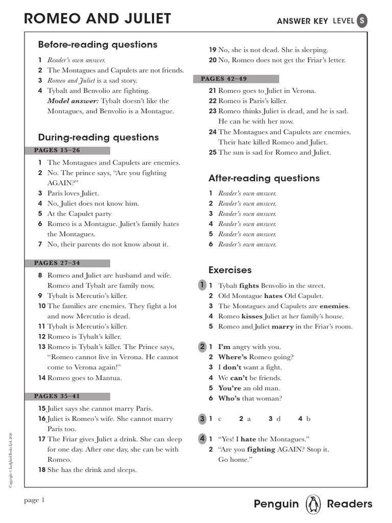 PR LS RomeoandJuliet AnswerKey | PDF | Characters In Romeo And Juliet ...