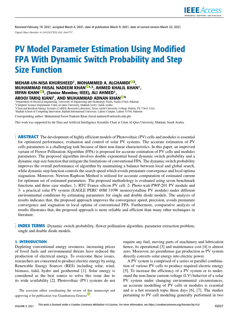 PV Model Parameter Estimation Using Modified FPA With Dynamic Switch Probability and Step Size ...