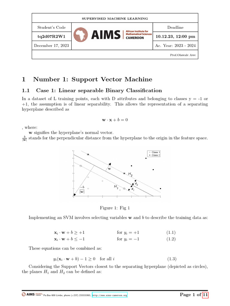 1 Number 1: Support Vector Machine: 1.1 Case 1: Linear Separable Binary Classification | PDF ...