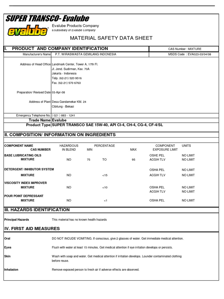 MSDS - Super Transco | PDF
