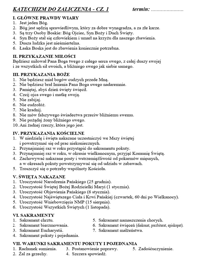 KATECHIZM DO ZALICZENIA - CZ. 1 Termin - ... | PDF