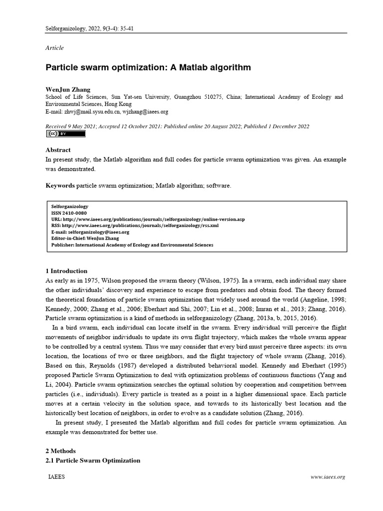 Particle Swarm Optimization A Matlab Alg | PDF
