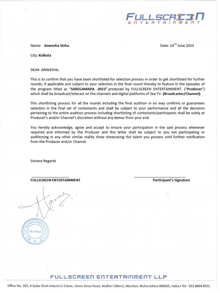 Anwesha Sinha Letter | PDF