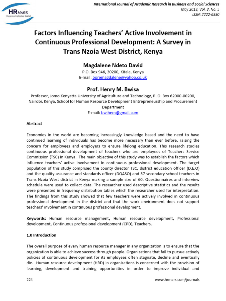 Factors Influencing Teachers Active Involvement in Continuous Professional Development a Survey ...