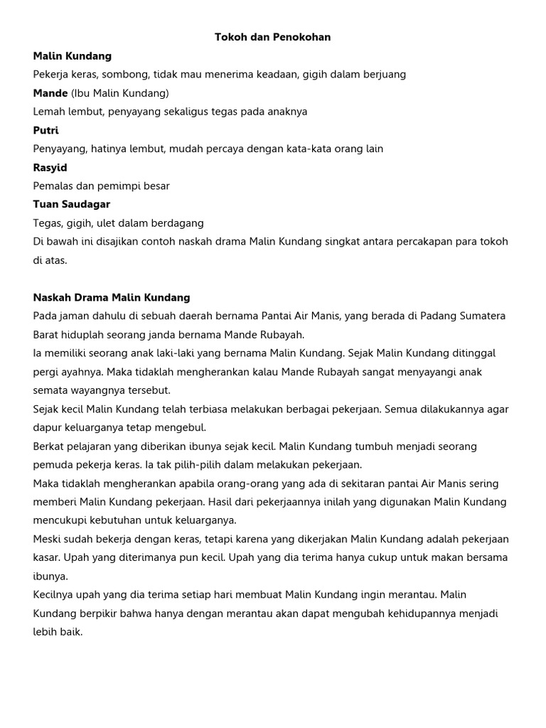 Contoh Penokohan dalam Malin Kundang | PDF