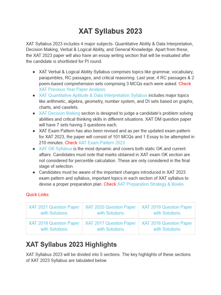 XAT Syllabus | PDF | Mathematics | Critical Thinking XAT Syllabus | PDF | Mathematics | Critical Thinking