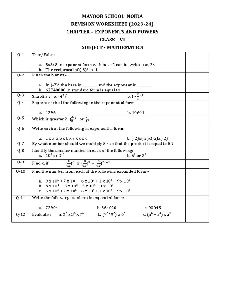 Exponents Revision Worksheet Class 7 | PDF | Teaching Methods & Materials