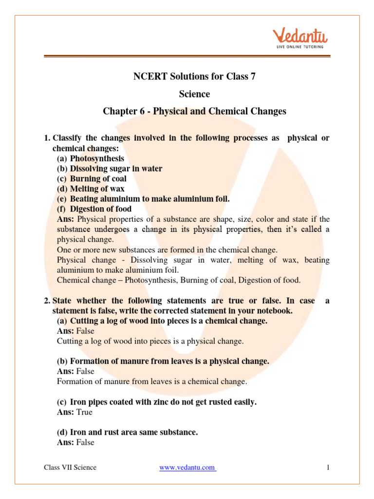 NCERT Solutions For Class 7 Science Chapter 6 - Physical and Chemical ...