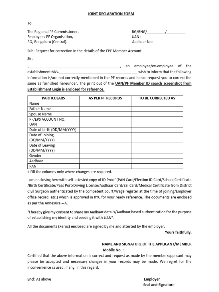 Joint Declaration Form Pdf Birth Certificate Affidavit