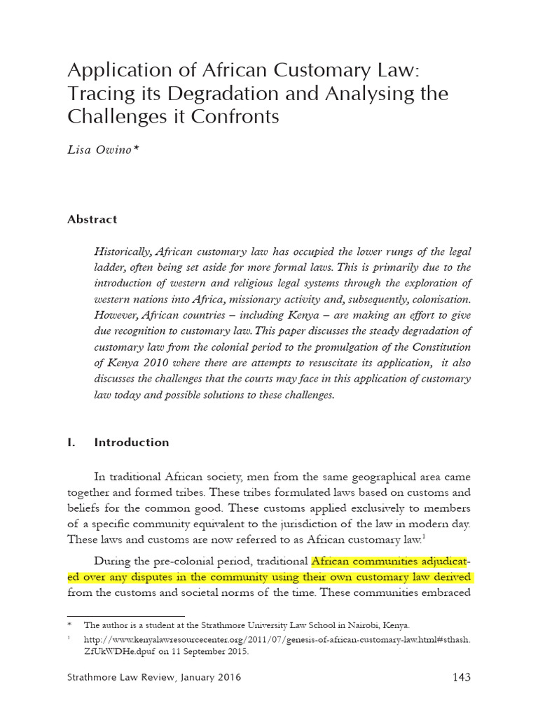 1SLR1-09 Application of African Customary Law - Tracing Its Degradation ...